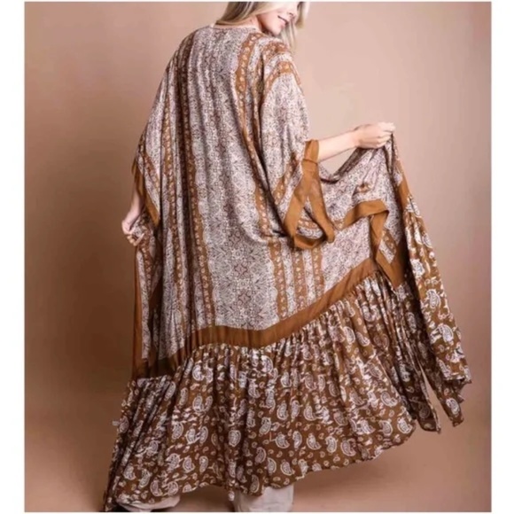 BellanBlue | Tops | Bohemian Gypsy Brown Paisley Ruffle Long Kimono ...
